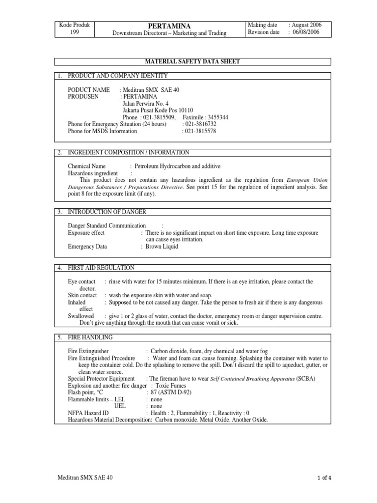 MSDS Pertamina Meditran SMX Sae 40 | PDF | Toxicity | Chemical Substances