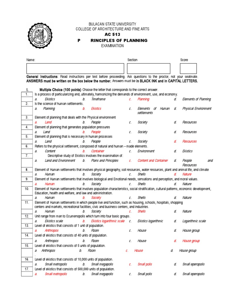 Analysis of a Principles of Planning Examination: Identifying Key Concepts in Ekistics, Elements ...