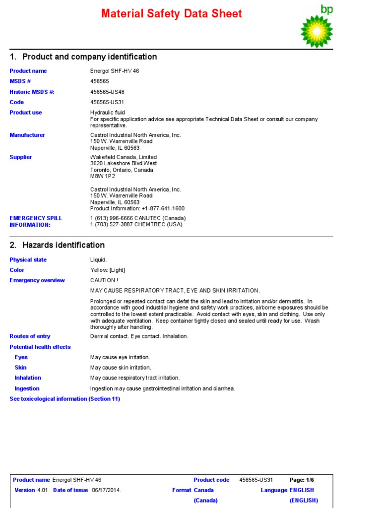 Msds - Bp Energol Shf-hv 46 | Waste | Waste Management
