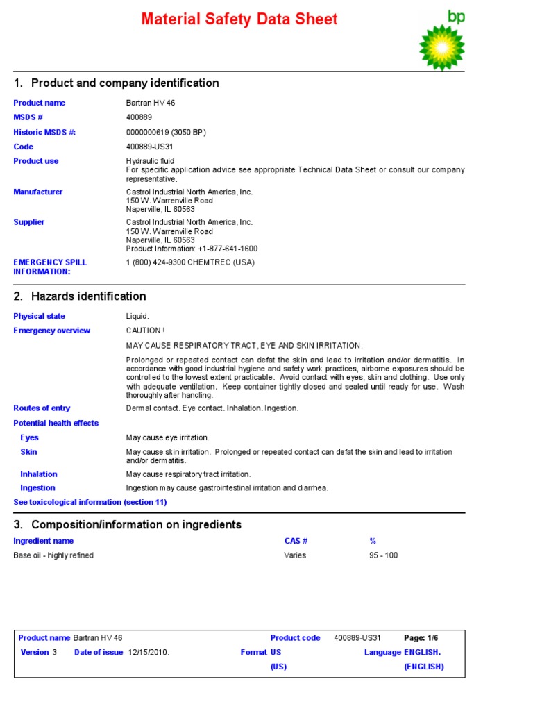 Msds BP Bartran HV 46 | PDF | Personal Protective Equipment ...