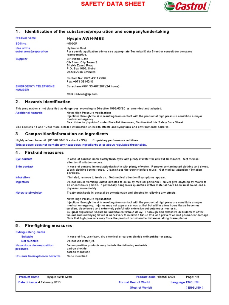 MSDS Castrol Hyspin AWH-M 68 | Download Free PDF | Personal Protective ...