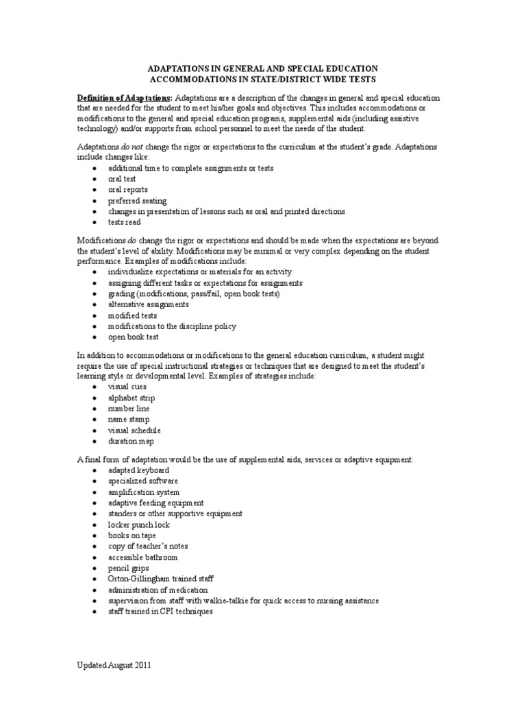 Adaptations | PDF | Special Education | Behavior Modification