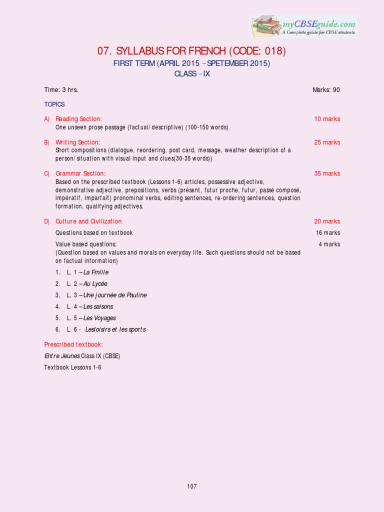 Class 9 French Syllabus Overview | PDF | Question | Word