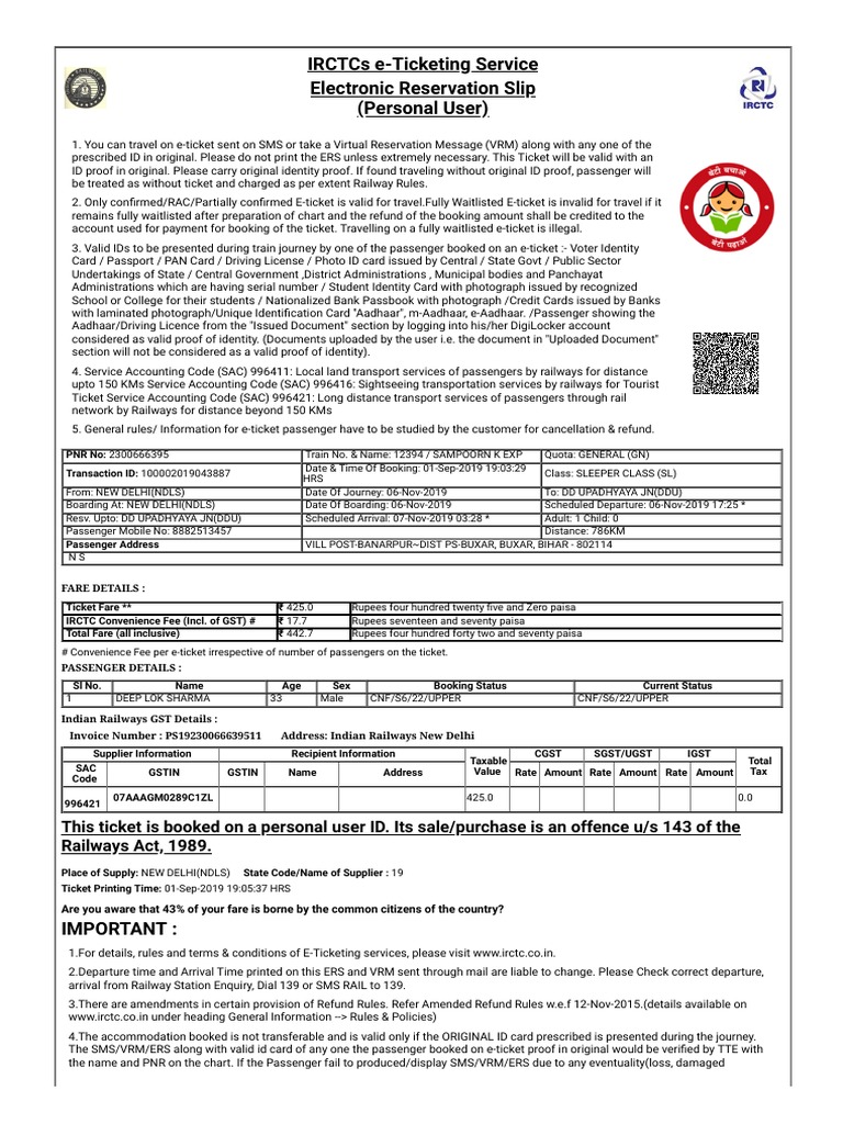 Irctcs E-Ticketing Service Electronic Reservation Slip (Personal User) | PDF | Identity Document ...