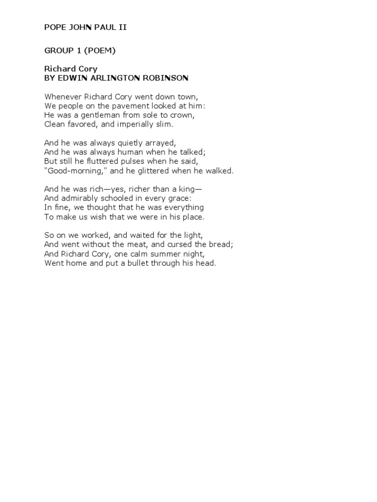 Pope John Paul Ii Group 1 (Poem) Richard Cory by Edwin Arlington ...