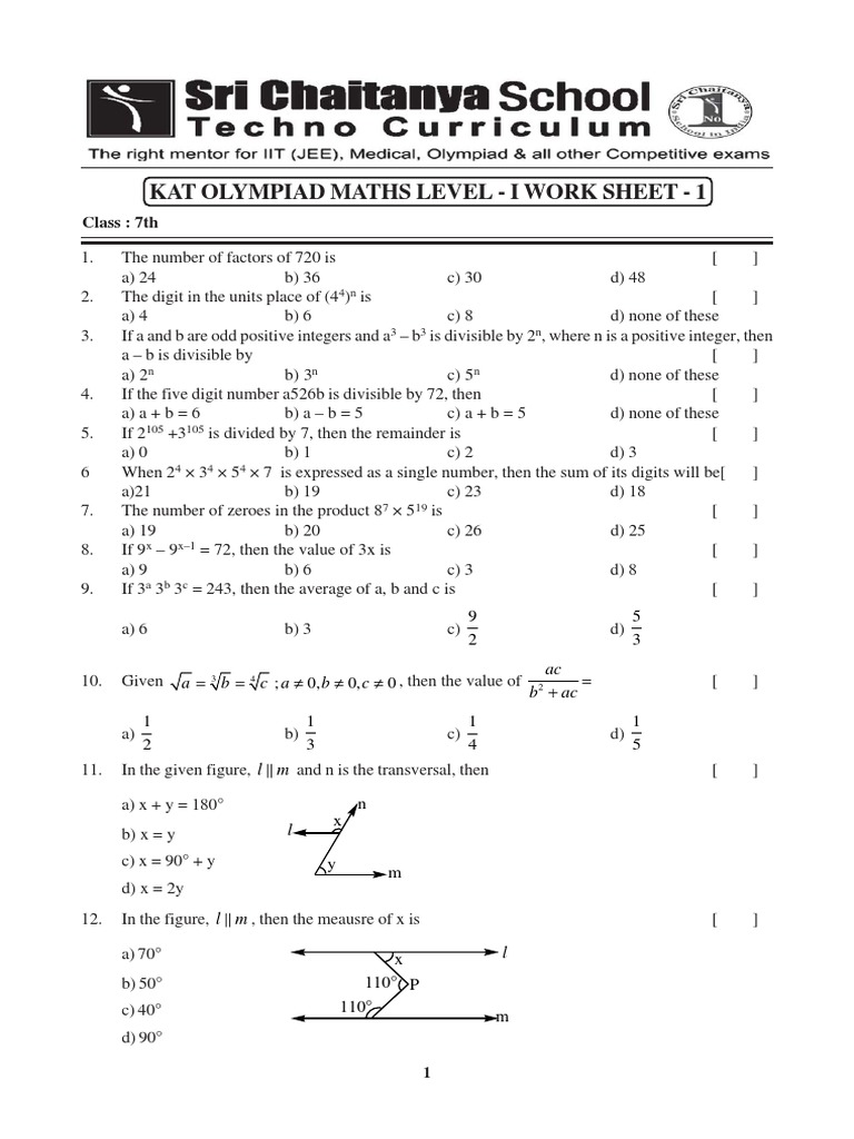 7th Kat Maths Level - I Work Sheet - 1 | PDF | Numbers | Mathematical ...