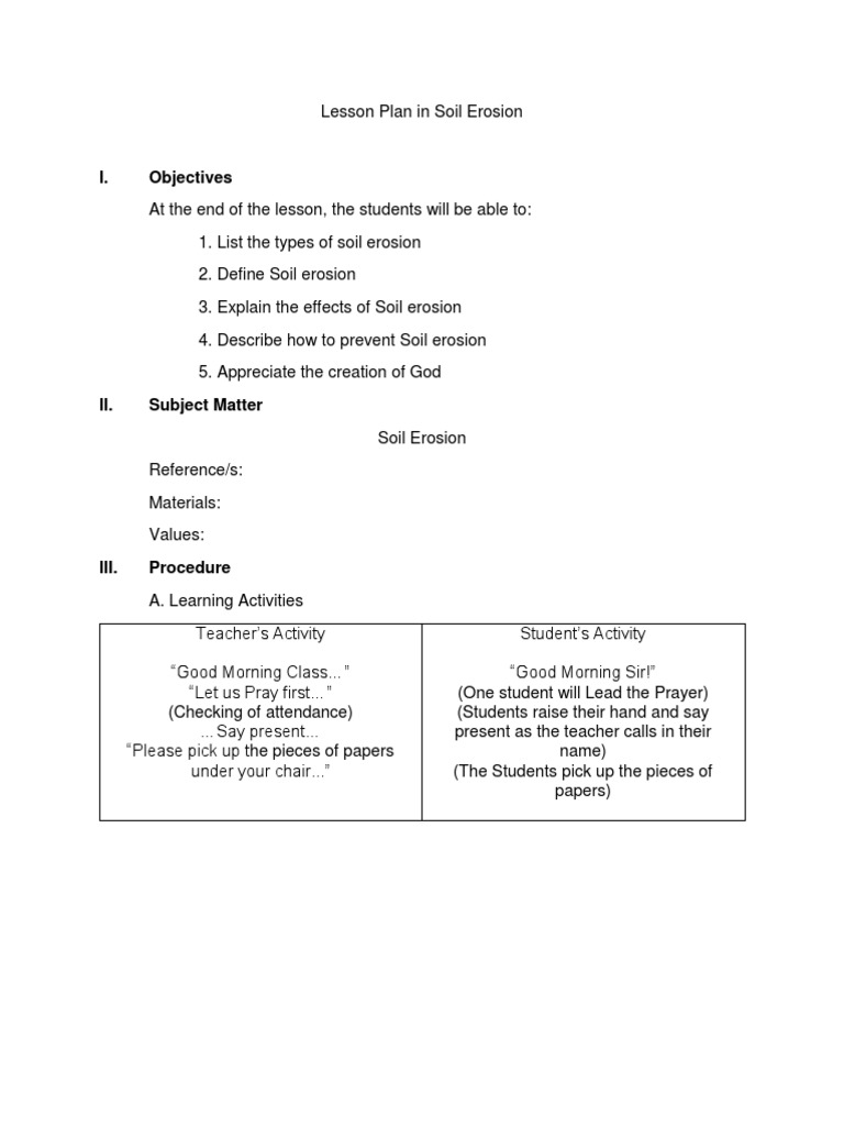 Grade 5 Lesson Plan on Soil Erosion | PDF