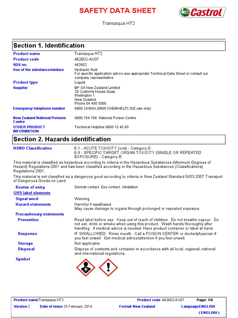MSDS Castrol Transaqua HT2-Hydraulic Fluid | PDF | Personal Protective ...