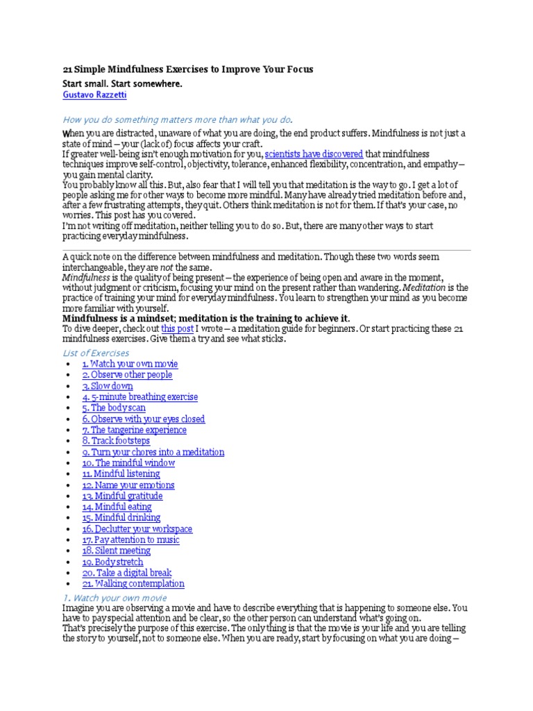 21 Simple Mindfulness Exercises To Improve Your Focus | PDF ...