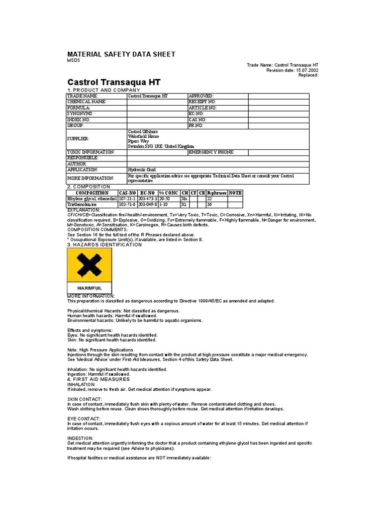 MSDS Castrol Transaqua HT-Hydraulic Fluid | PDF | Firefighting | Water