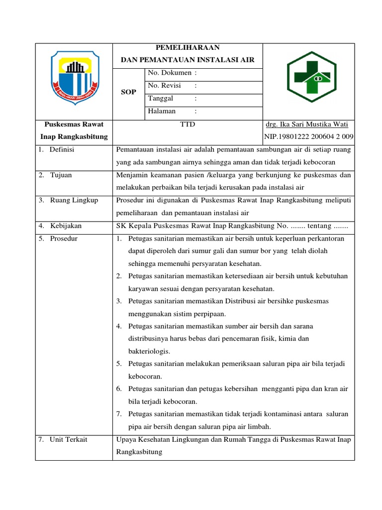 SOP Pemeliharaan Dan Pemantauan Instalasi Air | PDF