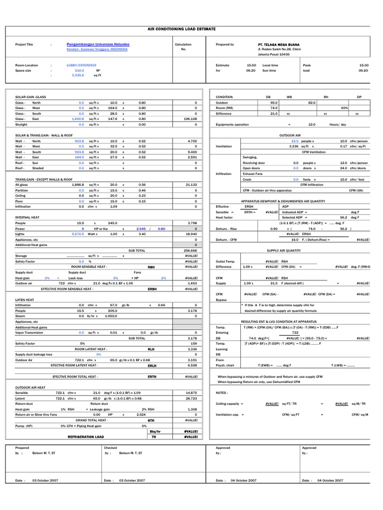 AIR CONDITIONING LOAD ESTIMATE | PDF | Ventilation (Architecture ...