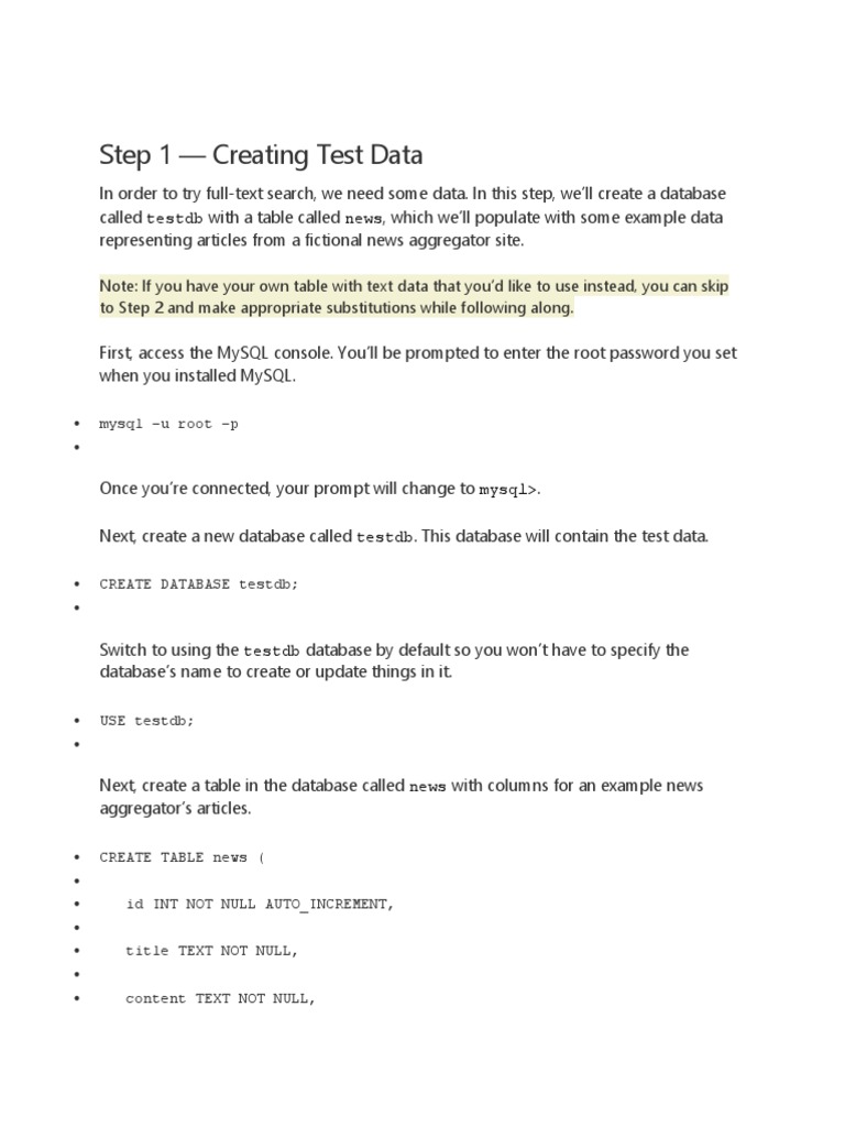 Step 1 Creating Test Data Testdb News Pdf Database Index Databases 9016
