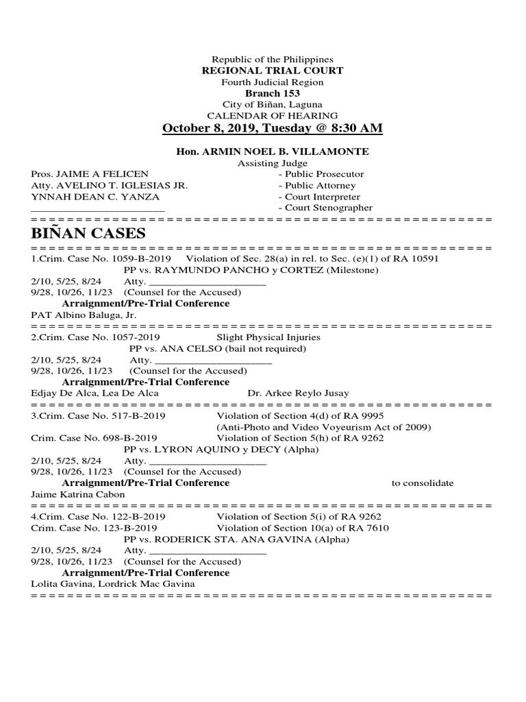 10-08-19 Binan Villamonte | PDF | Arraignment | Judiciaries