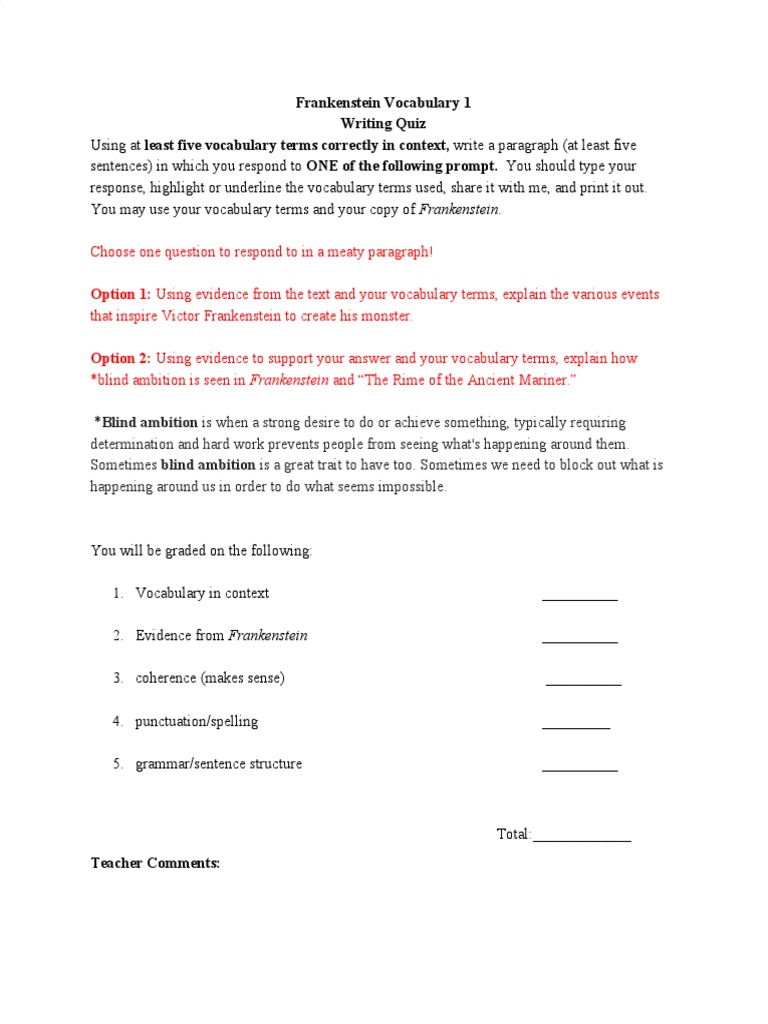 Frankenstein Vocabulary 1 | PDF