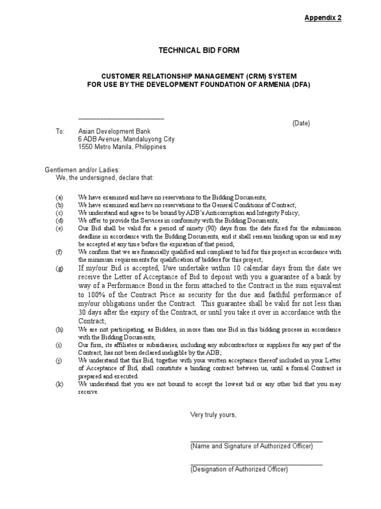 CRM System Technical Bid Form | PDF | Guarantee | Asian Development Bank