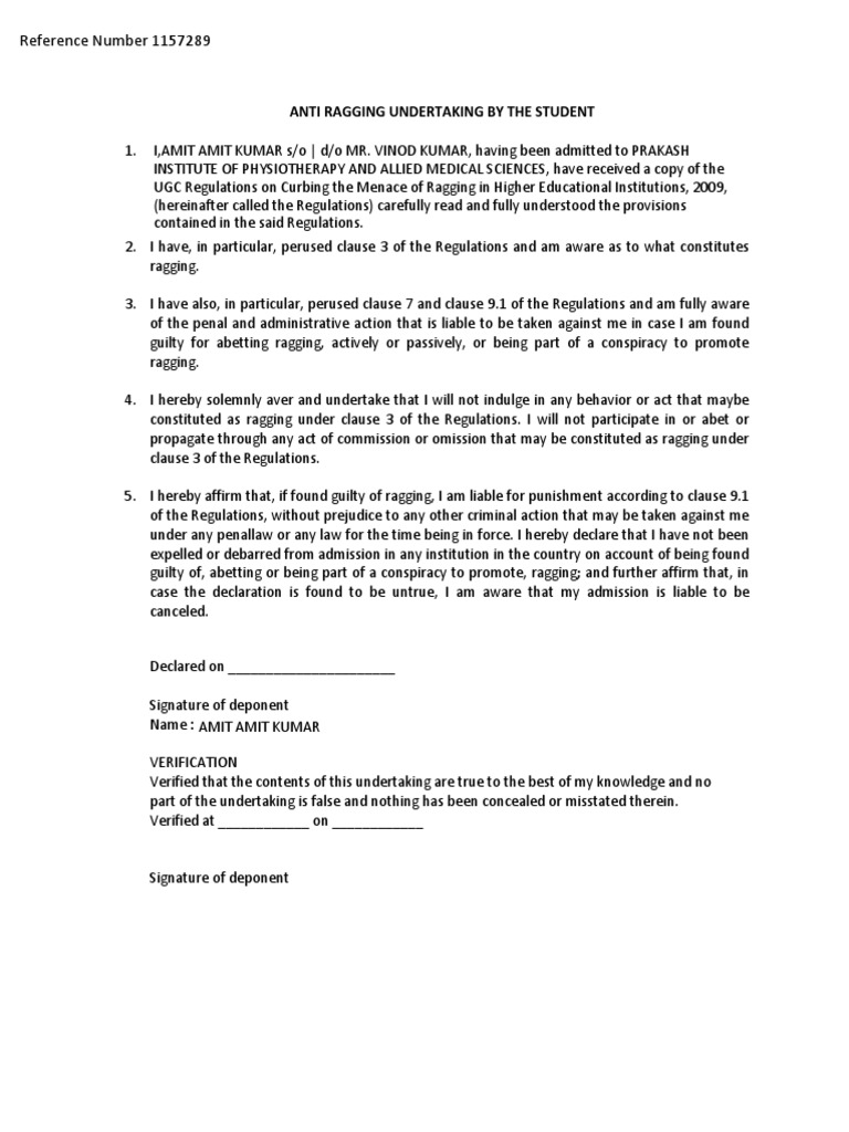 Reference Number 1157289: Anti Ragging Undertaking by The Student | PDF ...