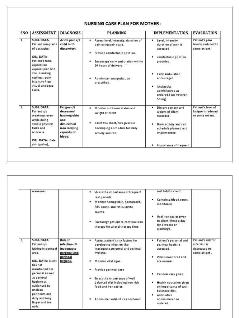 Nursing Care Plan For Mother:: Sno Assessment Diagnosis Planning ...