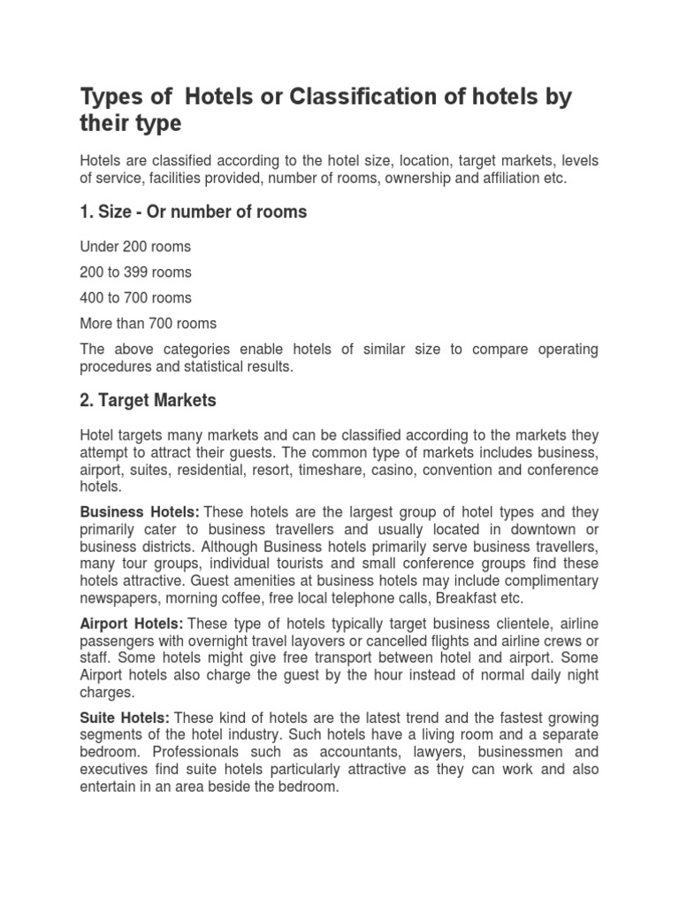 Types of Hotels or Classification of Hotels by Their Type | PDF ...