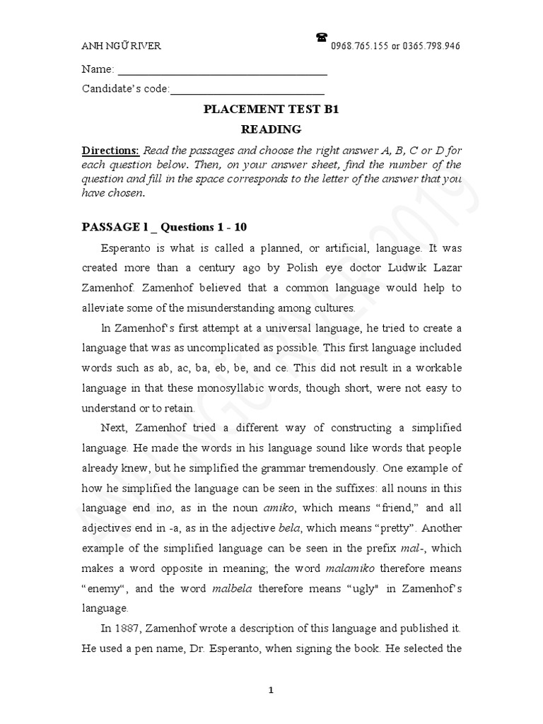 Placement Test B1 Reading: Directions: Read The Passages and Choose The ...