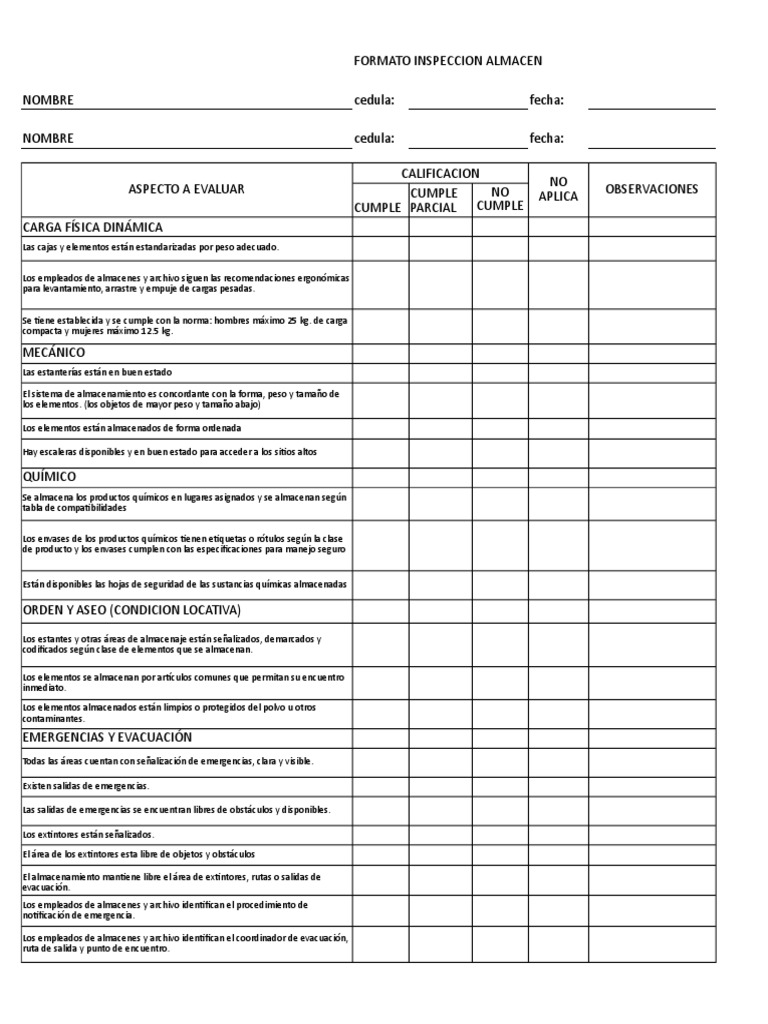 Formato Inspeccion Almacen | PDF | Sustancias químicas | Archivo de ...