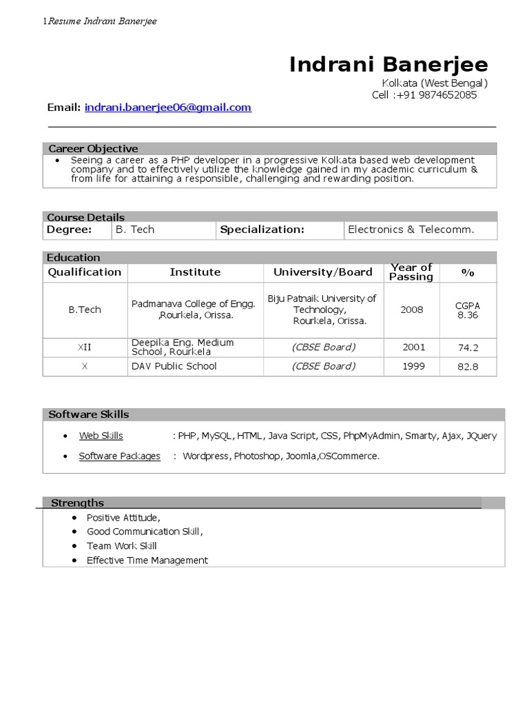 B.tech Fresher Resume Sample | PDF | World Wide Web | Internet & Web