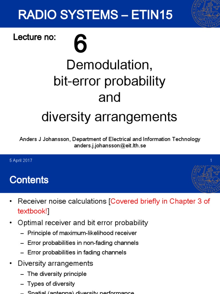 Radio Systems - Etin15: Demodulation, Bit-Error Probability and Diversity Arrangements | PDF ...