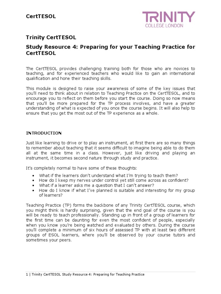 Certtesol: 1 - Trinity Certtesol Study Resource 4: Preparing For ...