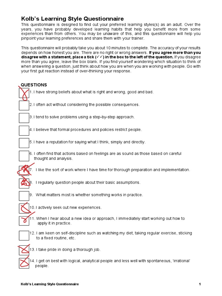 Kolb Questionnaire | PDF | Learning Styles | Neuropsychological Assessment