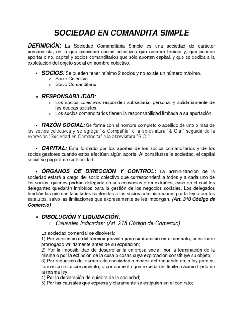 Características y funcionamiento de la Sociedad en Comandita Simple | PDF | Sociedad de ...