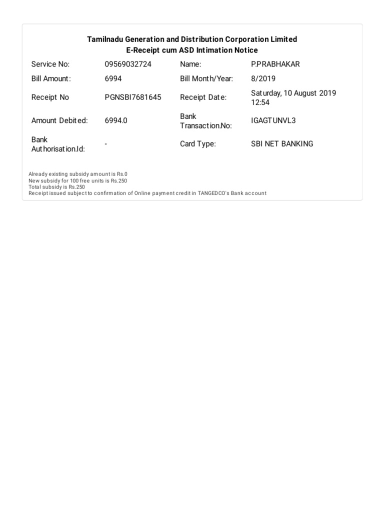 TANGEDCO E-Receipt for Bill Payment | PDF | Finance & Money Management ...