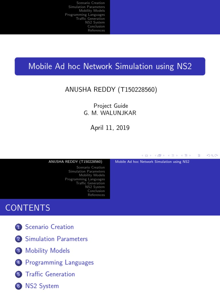 Mobile Ad Hoc Network Simulation Using NS2: ANUSHA REDDY (T150228560) | PDF | Simulation | Routing