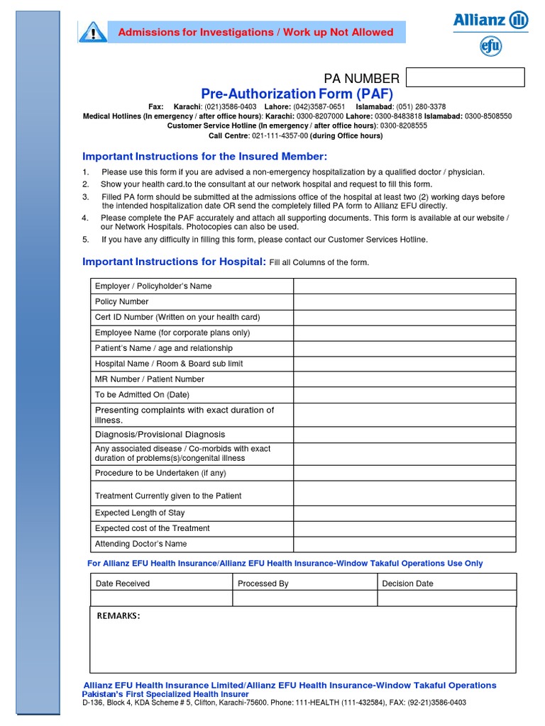 Pre-Authorization Form (PAF) : Pa Number | PDF | Hospital | Patient