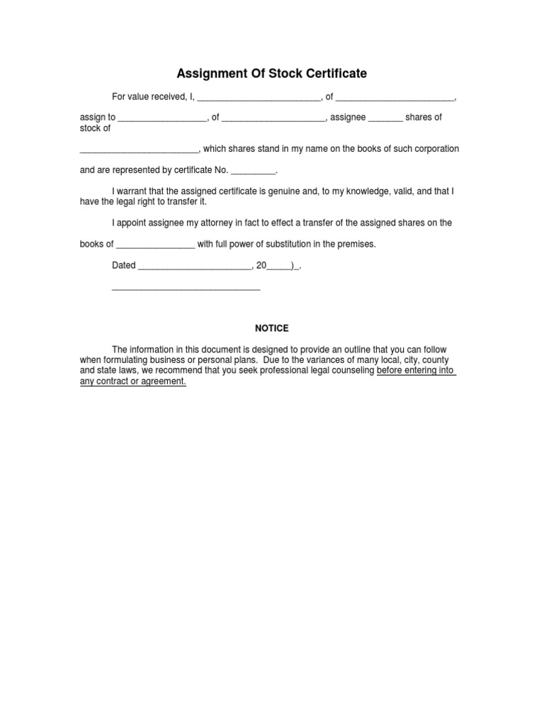 Assignment of Stock Certificate: Notice | PDF