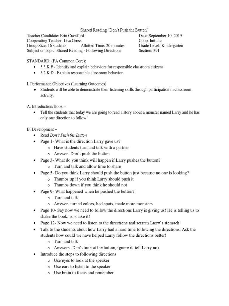 Dont Push The Button - Folliwng Directions | PDF | Classroom | Pedagogy