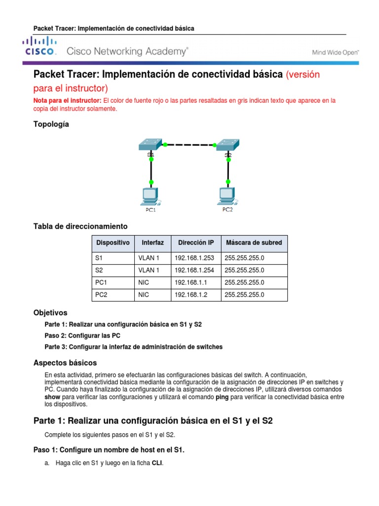 2.3.2.5 Packet Tracer - Implementing Basic Connectivity - ILM-ok | PDF | Dirección IP ...