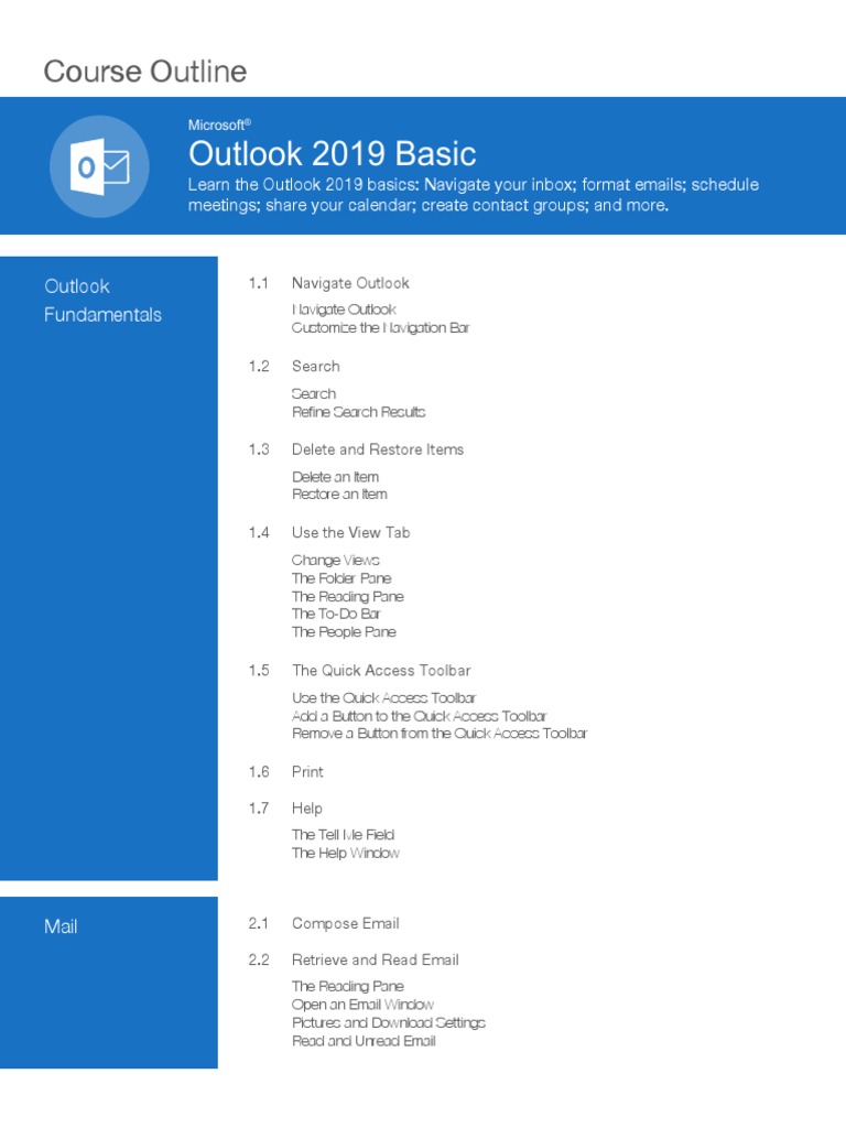 Outlook 2019 Basic: Course Outline | PDF | Microsoft Outlook | Cyberspace