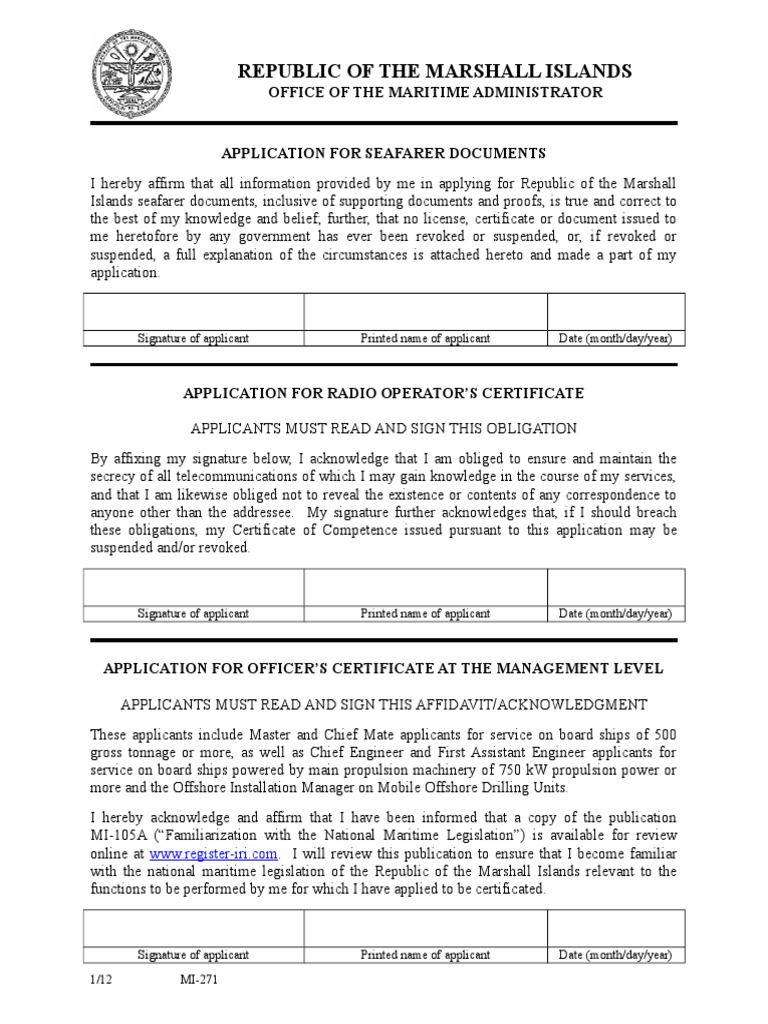 Marshall Islands Seafarer Document Application | PDF | Sailor | Business