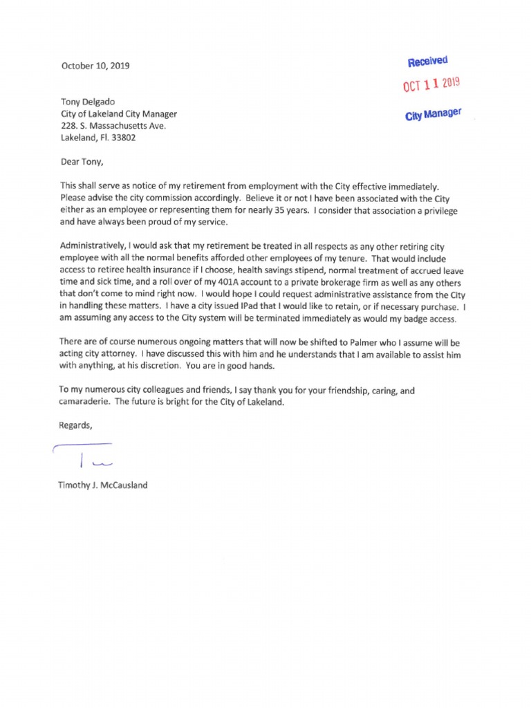 Lakeland City Attorney Timothy McCausland Retirement Letter | PDF