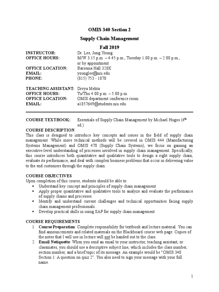 Supply Chain Management: Course Syllabus for OMIS 340 Section 2 at ...