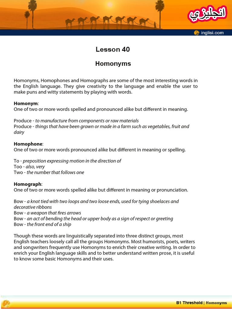 Lesson 40: Homonyms | PDF | English Language | Lexical Semantics
