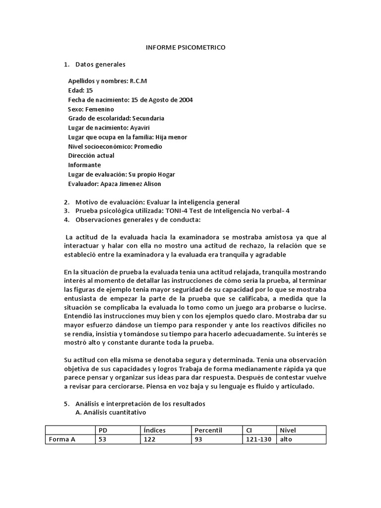 Informe Toni 4 | PDF | Cociente de inteligencia | Inteligencia