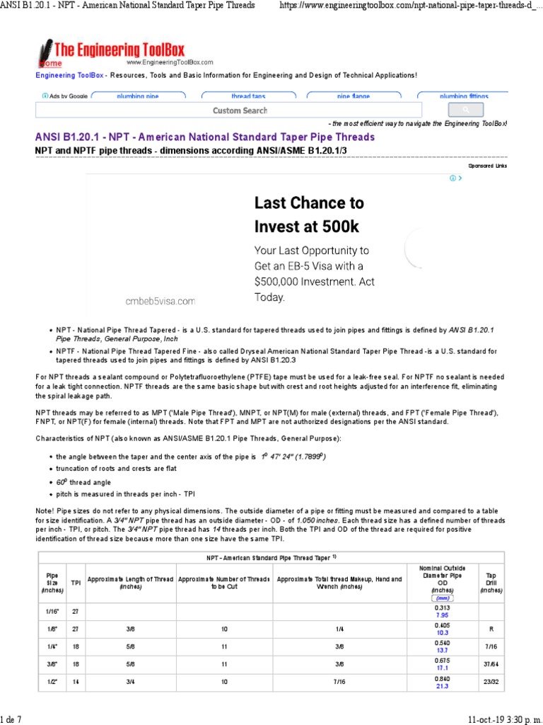 ANSI B1.20.1 - NPT - American National Standard Taper Pipe Threads | PDF | Mechanical ...