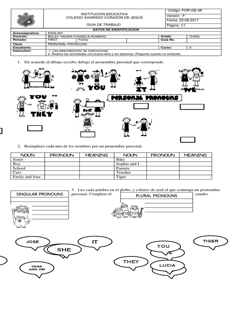 Guia Personal Pronouns 3RO | PDF