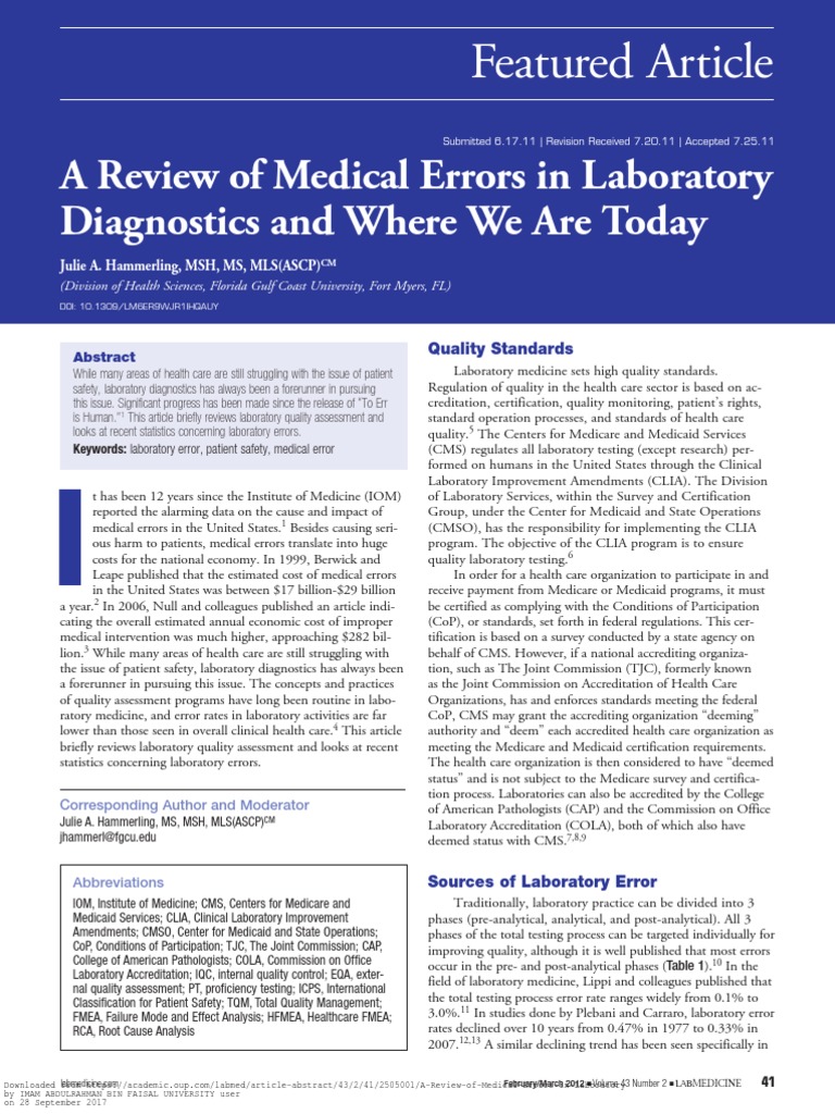 Laboratory Errors and Patient Safety Review | PDF | Joint Commission ...