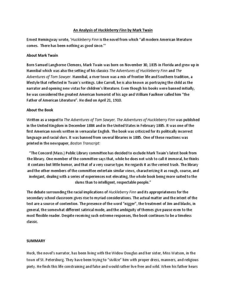 An Analysis of Huckleberry Finn by Mark Twain | PDF | Huckleberry Finn ...