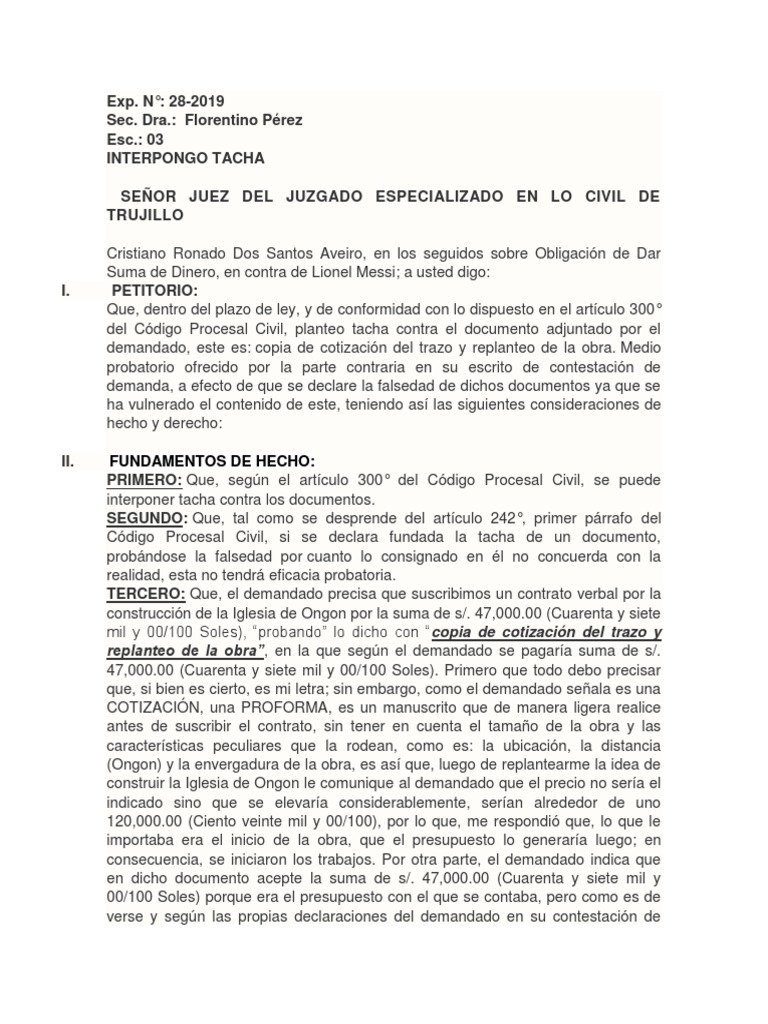 Tacha de documento en demanda civil | PDF | Demanda judicial | Ley procesal