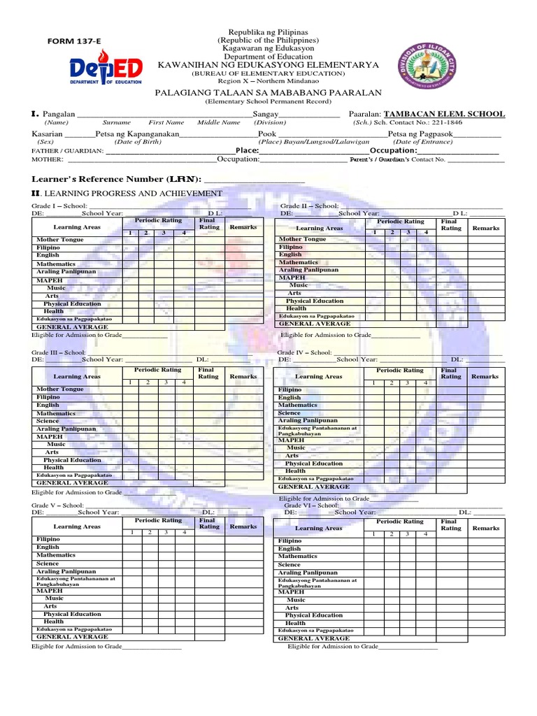 FORM 137-E: Kawanihan NG Edukasyong Elementarya | PDF | Psychological Concepts | Behavioural ...