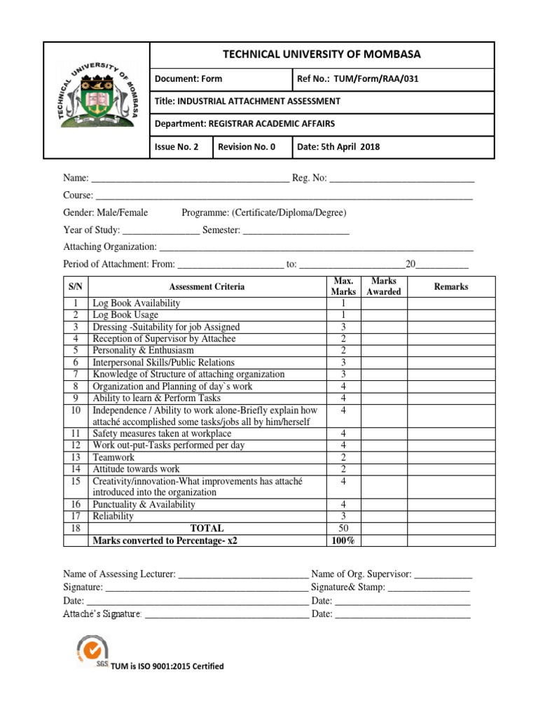 31 Industrial Attachment Assessment 031 | PDF | Cognition | Learning