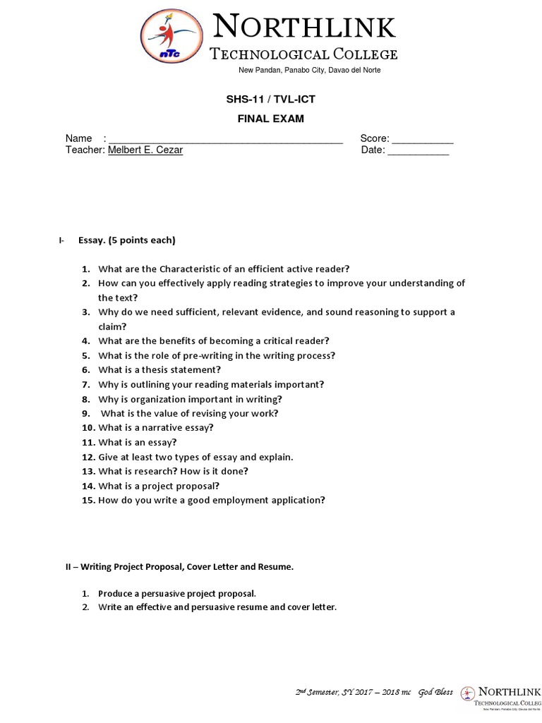 English 2 Final Exam | PDF